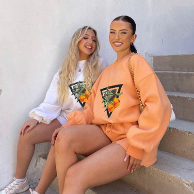 new fashion ladies printed Sweatshirts hoodie and biker shorts women long sleeve two piece sport suit ems hoodie set