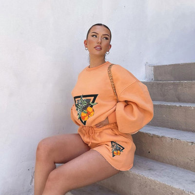 new fashion ladies printed Sweatshirts hoodie and biker shorts women long sleeve two piece sport suit ems hoodie set