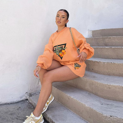new fashion ladies printed Sweatshirts hoodie and biker shorts women long sleeve two piece sport suit ems hoodie set