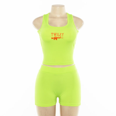 summer fluorescent color women sport 2 piece short sets sportswear