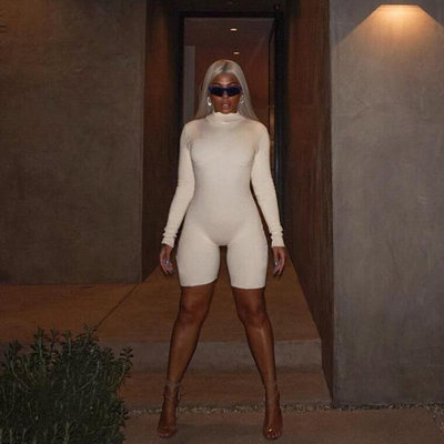 white tight Jumpsuit Women Bodycon Hight Neck Sexy sportswear Female Elegant Short sports set