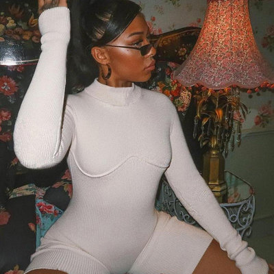 white tight Jumpsuit Women Bodycon Hight Neck Sexy sportswear Female Elegant Short sports set