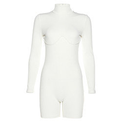 white tight Jumpsuit Women Bodycon Hight Neck Sexy sportswear Female Elegant Short sports set