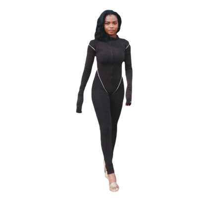 Women long sleeve fitness bra and pants sportswear front zippers yoga set skinny line jumpsuit