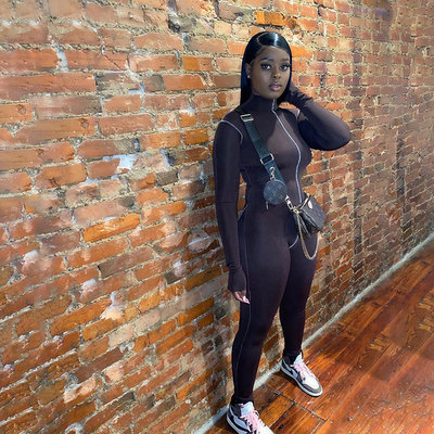 Women long sleeve fitness bra and pants sportswear front zippers yoga set skinny line jumpsuit