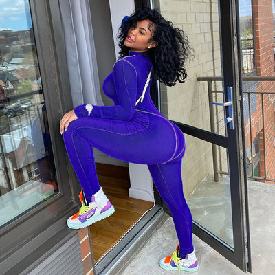 Women long sleeve fitness bra and pants sportswear front zippers yoga set skinny line jumpsuit