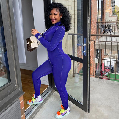Women long sleeve fitness bra and pants sportswear front zippers yoga set skinny line jumpsuit