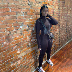 Women long sleeve fitness bra and pants sportswear front zippers yoga set skinny line jumpsuit
