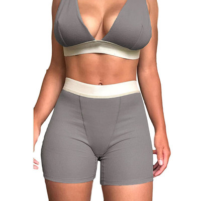 2 Piece Elastic V-collar Crop Top High Waist sports set Woman Sportswear Fitness Shorts Set
