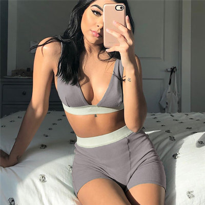 2 Piece Elastic V-collar Crop Top High Waist sports set Woman Sportswear Fitness Shorts Set