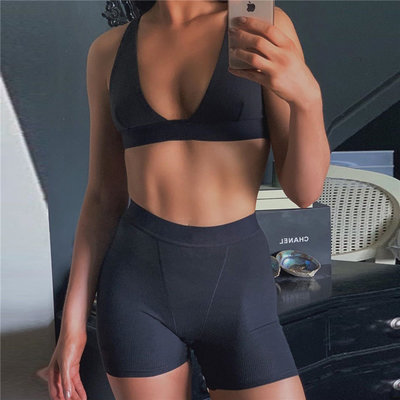 2 Piece Elastic V-collar Crop Top High Waist sports set Woman Sportswear Fitness Shorts Set