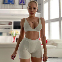 2 Piece Elastic V-collar Crop Top High Waist sports set Woman Sportswear Fitness Shorts Set