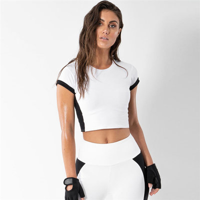 short Sleeves Women Activewear Stitching Color Yoga Legging And Bra Crop Top Running Sportswear