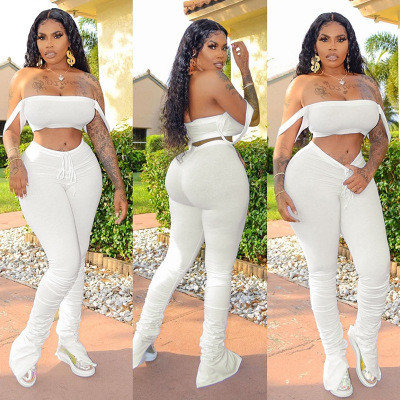 hot sales solid color strapless  sportswear loose yoga women pants 2 piece fashion sports set