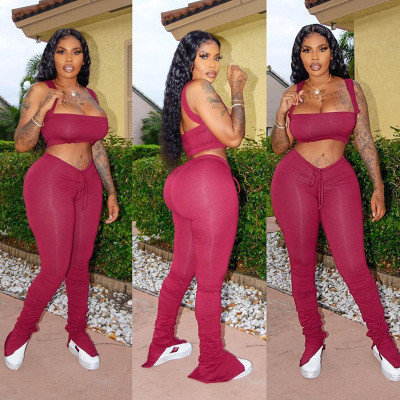 hot sales solid color strapless  sportswear loose yoga women pants 2 piece fashion sports set