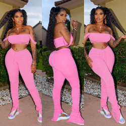 hot sales solid color strapless  sportswear loose yoga women pants 2 piece fashion sports set