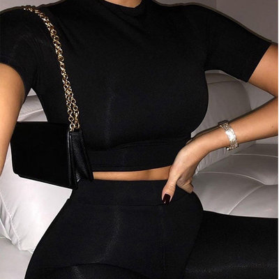 Hot selling women solid color yoga set short sleeve workout fitness clothes two pieces sportswear ladies fashion sports set