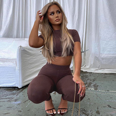 Hot selling women solid color yoga set short sleeve workout fitness clothes two pieces sportswear ladies fashion sports set