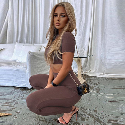 Hot selling women solid color yoga set short sleeve workout fitness clothes two pieces sportswear ladies fashion sports set