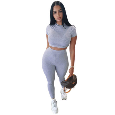 Hot selling women solid color yoga set short sleeve workout fitness clothes two pieces sportswear ladies fashion sports set