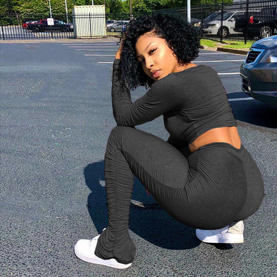 long sleeve sports crop Top And Stacked Pants 2 Piece sports Set Women Casual Sportswear Fashion Workout clothing