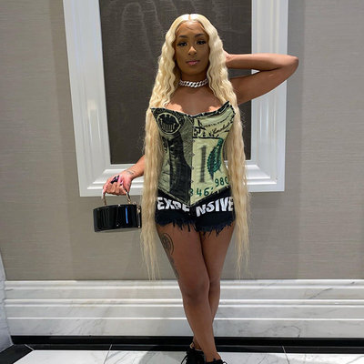 New Style US Dollar Printed Sling vest Deep V front Zipper Tight-Fitting Bust-Wrapped Sleeveless Party crop tops