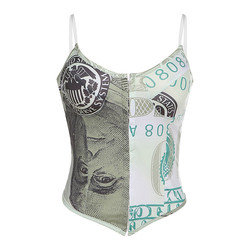 New Style US Dollar Printed Sling vest Deep V front Zipper Tight-Fitting Bust-Wrapped Sleeveless Party crop tops