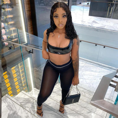 2021 New Fashion Imitation Leather sports bra and yoga pants Slim mesh transparent legging Casual 2 Piece sports Set