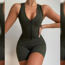 Hot Selling Ladies Sexy Slim Casual Activewear Women short Romper Solid Color Sleeveless front Zipper Jumpsuit