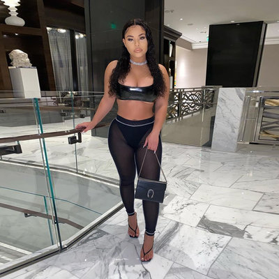 Autumn new style women personality high waist yoga pants casual PU imitation leather sports set ladies fitness clothes