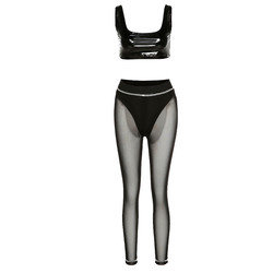 Autumn new style women personality high waist yoga pants casual PU imitation leather sports set ladies fitness clothes