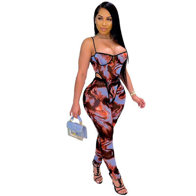 slim Strap low collar Long Rompers Women Jumpsuit Tie Dyed Camouflage Printed Rompers Sleeveless Bodycon