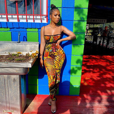 slim Strap low collar Long Rompers Women Jumpsuit Tie Dyed Camouflage Printed Rompers Sleeveless Bodycon