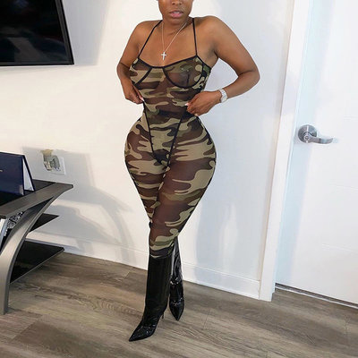 slim Strap low collar Long Rompers Women Jumpsuit Tie Dyed Camouflage Printed Rompers Sleeveless Bodycon