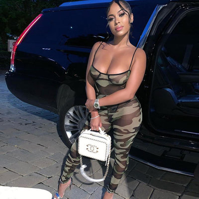 slim Strap low collar Long Rompers Women Jumpsuit Tie Dyed Camouflage Printed Rompers Sleeveless Bodycon