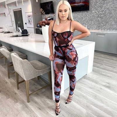 slim Strap low collar Long Rompers Women Jumpsuit Tie Dyed Camouflage Printed Rompers Sleeveless Bodycon