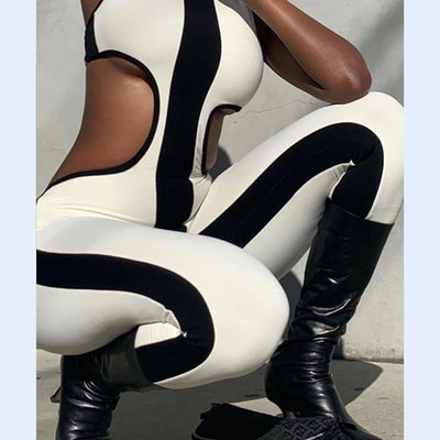 summer gym clothing trendy hollow out sexy one piece women long  jumpsuit round collar backless yogawear