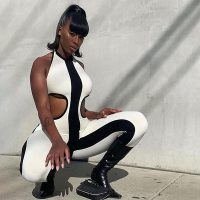 summer gym clothing trendy hollow out sexy one piece women long  jumpsuit round collar backless yogawear
