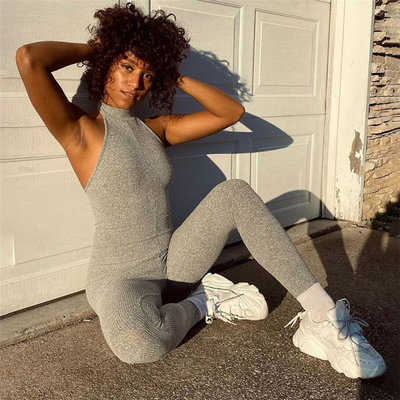 women summer high waist tight one-piece yoga set backless sleeveless sportswear solid color casual jumpsuits