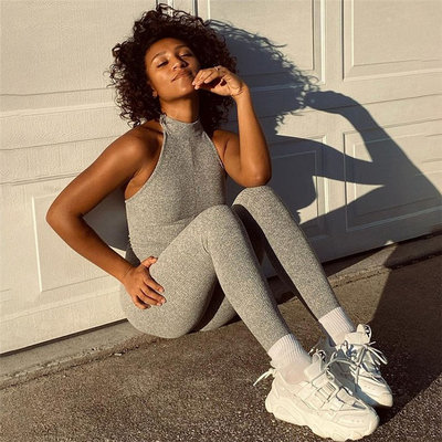 women summer high waist tight one-piece yoga set backless sleeveless sportswear solid color casual jumpsuits