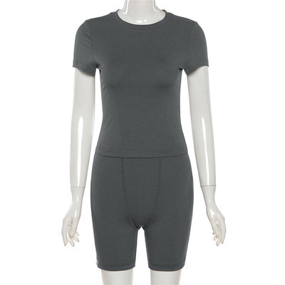 ladies new short sleeve tops high waist two-piece yoga set tight buttocks-packed shorts solid color casual sportswear