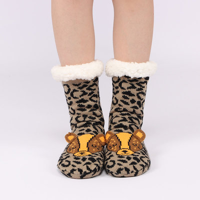 wholesale Warm double layer Leopard grain socks thick custom winter ladies non-slip slipper socks women home floor sock
