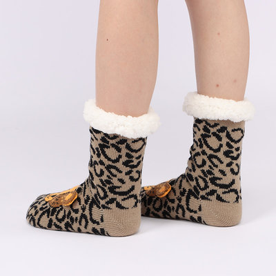 wholesale Warm double layer Leopard grain socks thick custom winter ladies non-slip slipper socks women home floor sock