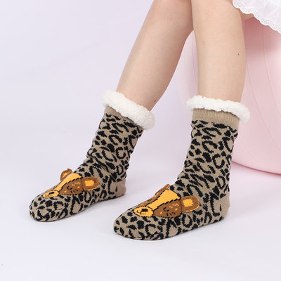 wholesale Warm double layer Leopard grain socks thick custom winter ladies non-slip slipper socks women home floor sock