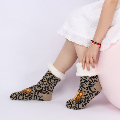 wholesale Warm double layer Leopard grain socks thick custom winter ladies non-slip slipper socks women home floor sock
