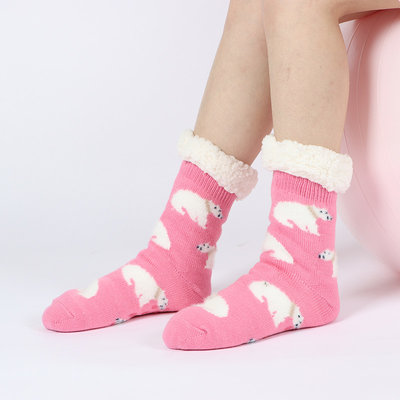2021 wholesales good quality women fluffy faux fur socks non skid socks with cute cartton animal