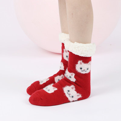 2021 wholesales good quality women fluffy faux fur socks non skid socks with cute cartton animal