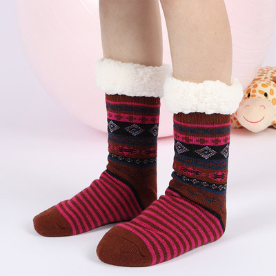 winter adult warm non skid socks stripe patterned patchwork color socks soft fuzzy socks for women