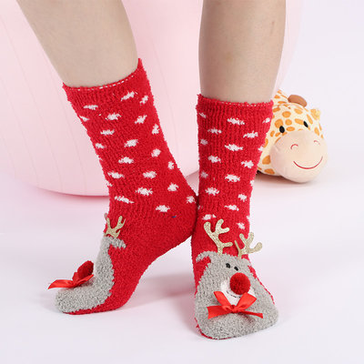 new arrival red comfortable socks polyester made cute deer floor fuzzy socks for female non skid socks