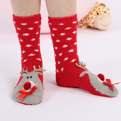 new arrival red comfortable socks polyester made cute deer floor fuzzy socks for female non skid socks